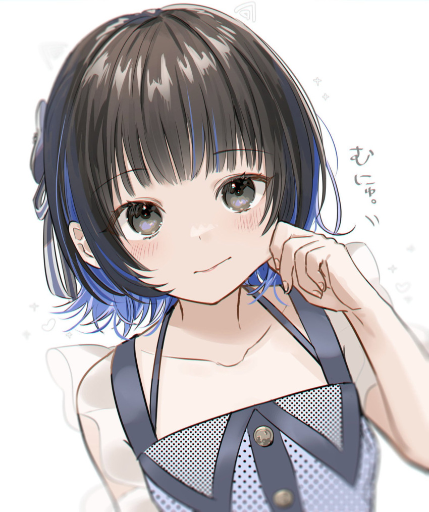 Safebooru - 1girl arm at side blue hair blush bow breasts brown eyes ...