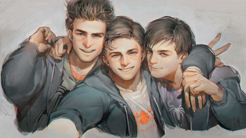 Safebooru - 3boys andrew garfield animal print blue eyes brown eyes ...