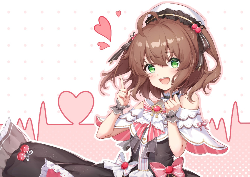 Safebooru - 1girl :d ahoge bangs bare shoulders beret black dress blush bow brown hair cannian ...