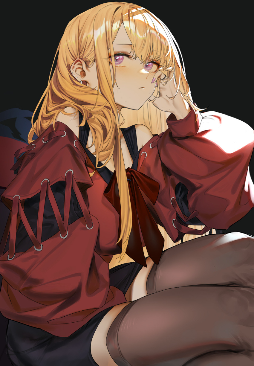 Safebooru - 1girl bangs between legs black background black dress blonde hair brown legwear ...