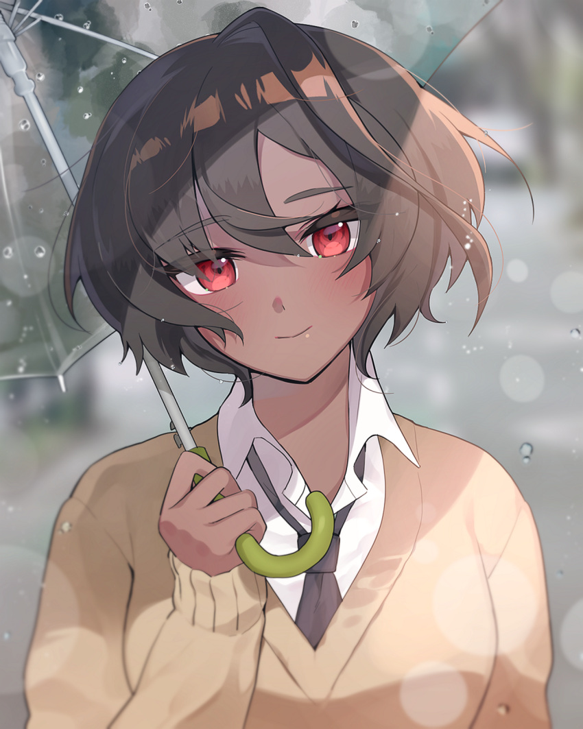 Safebooru - 1girl blurry blurry background blush bokeh brown hair closed mouth collared shirt ...