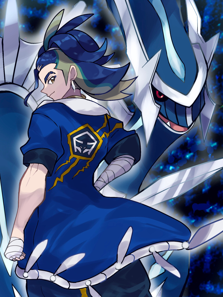 Safebooru - 1boy adaman (pokemon) arm wrap blue coat blue hair brown ...