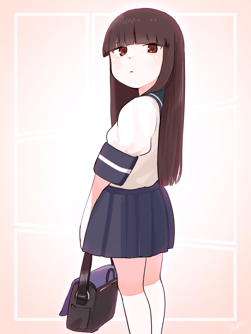Safebooru - 1girl 4me 4ma absurdres bag bangs black hair blue sailor collar blue skirt blunt ...