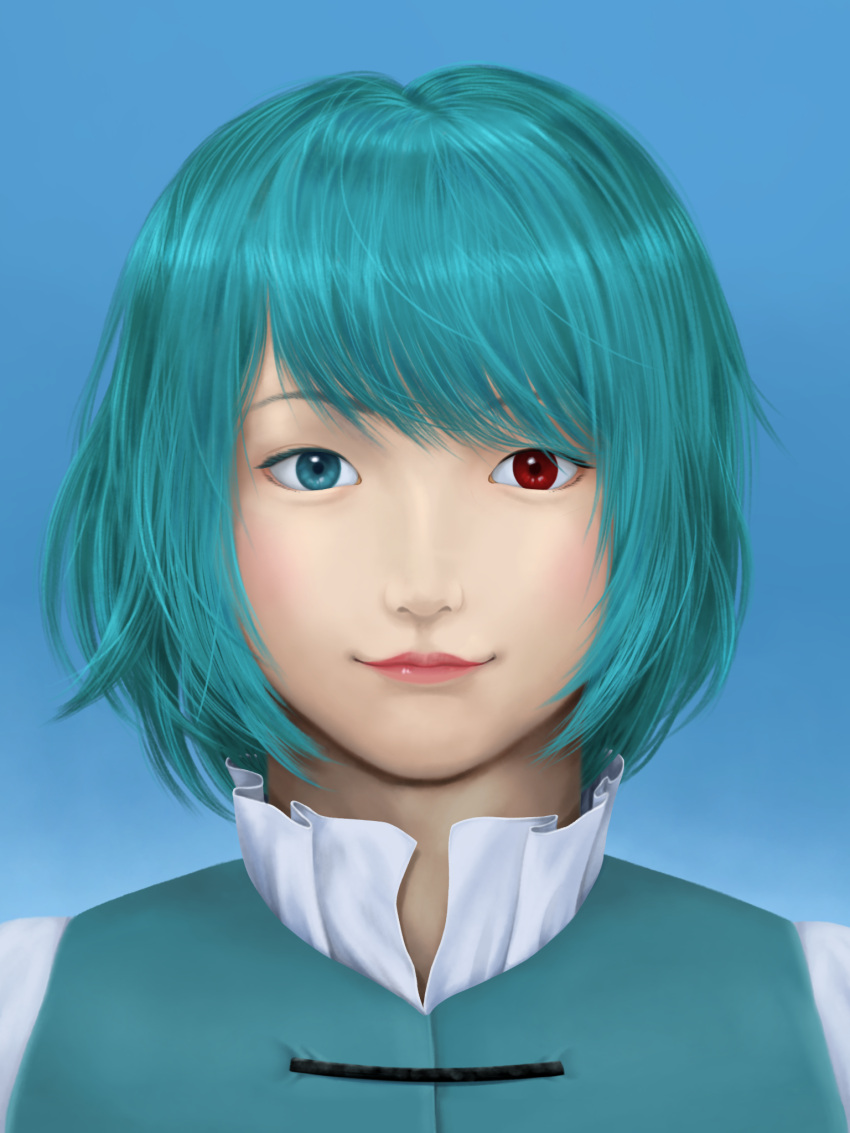 Safebooru - 1girl asian bangs blue background blue eyes blue hair blue vest blush closed mouth ...