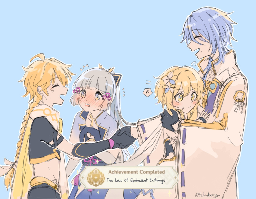 Safebooru - 2boys 2girls aether (genshin impact) blonde hair blue background blue eyes blue hair ...