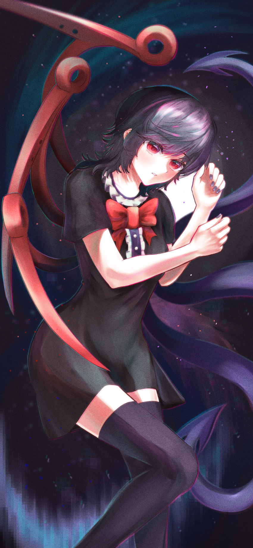 Safebooru - 1girl absurdres asymmetrical wings black dress black hair black legwear bow bowtie ...