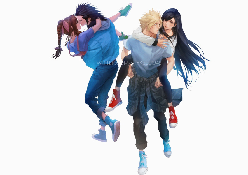 Safebooru - 2boys 2girls aerith gainsborough black hair braid braided ponytail brown hair ...