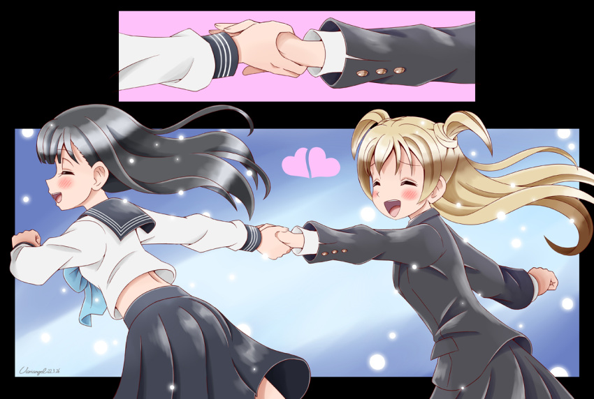 Safebooru - 2girls akebi-chan no serafuku akebi komichi black hair blonde hair blush closed eyes ...