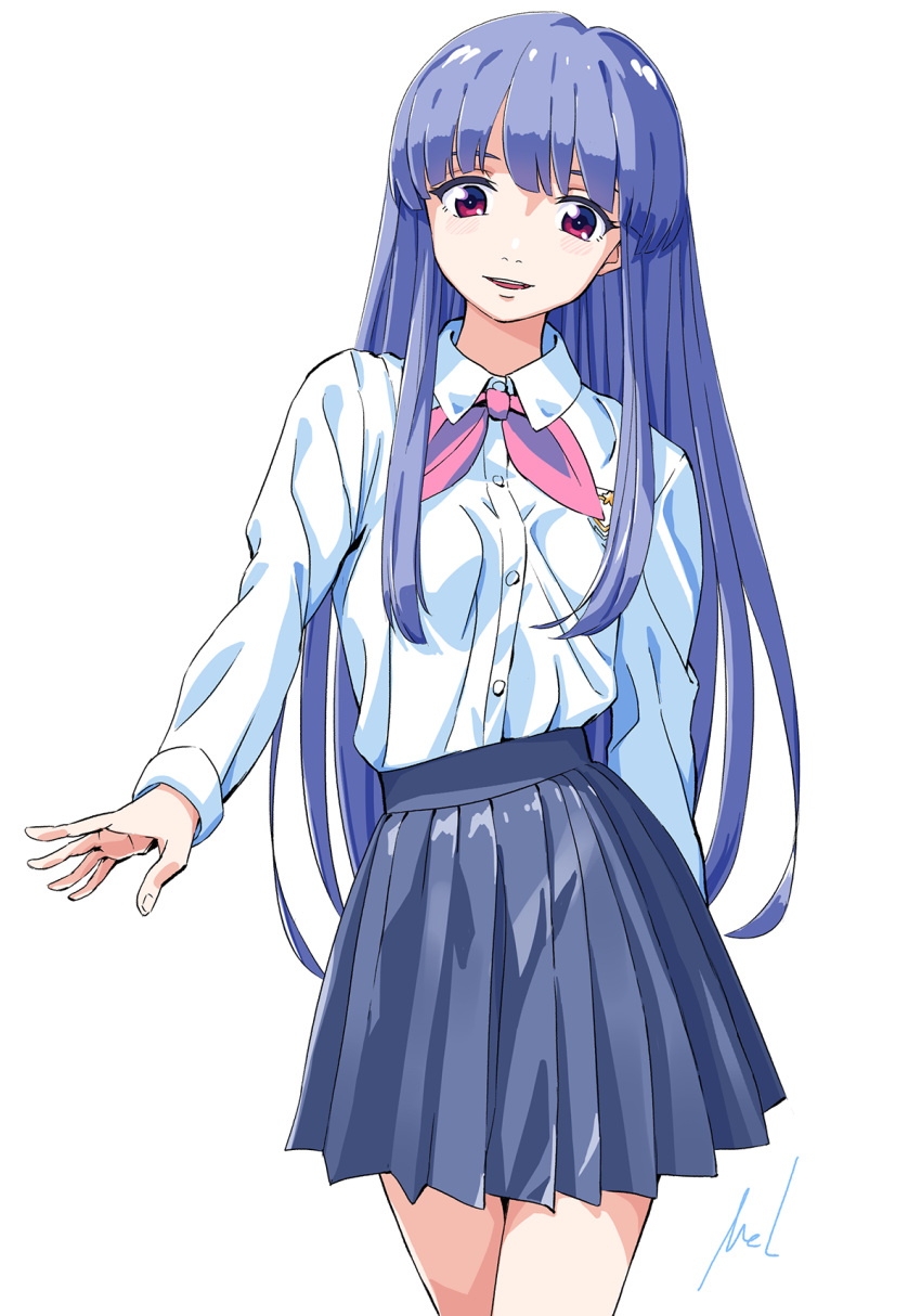 Safebooru - 1girl artist name bangs black skirt blue hair blunt bangs bow bowtie collared shirt ...