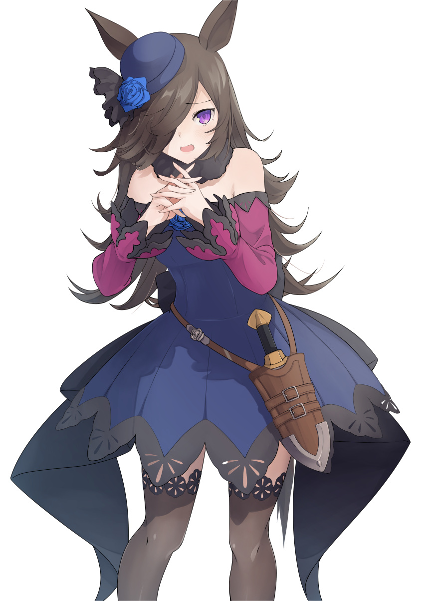 Safebooru - 1girl absurdres animal ears bangs bare shoulders black collar blue dress blue flower ...