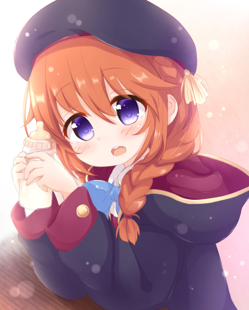 Safebooru - 1girl araki495 baby bottle bangs beret black coat black headwear blue bow blush ...