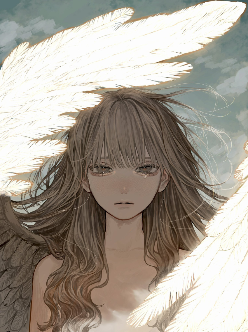 Safebooru - 1girl angel wings bangs blue sky closed mouth clouds cloudy sky collarbone crying ...