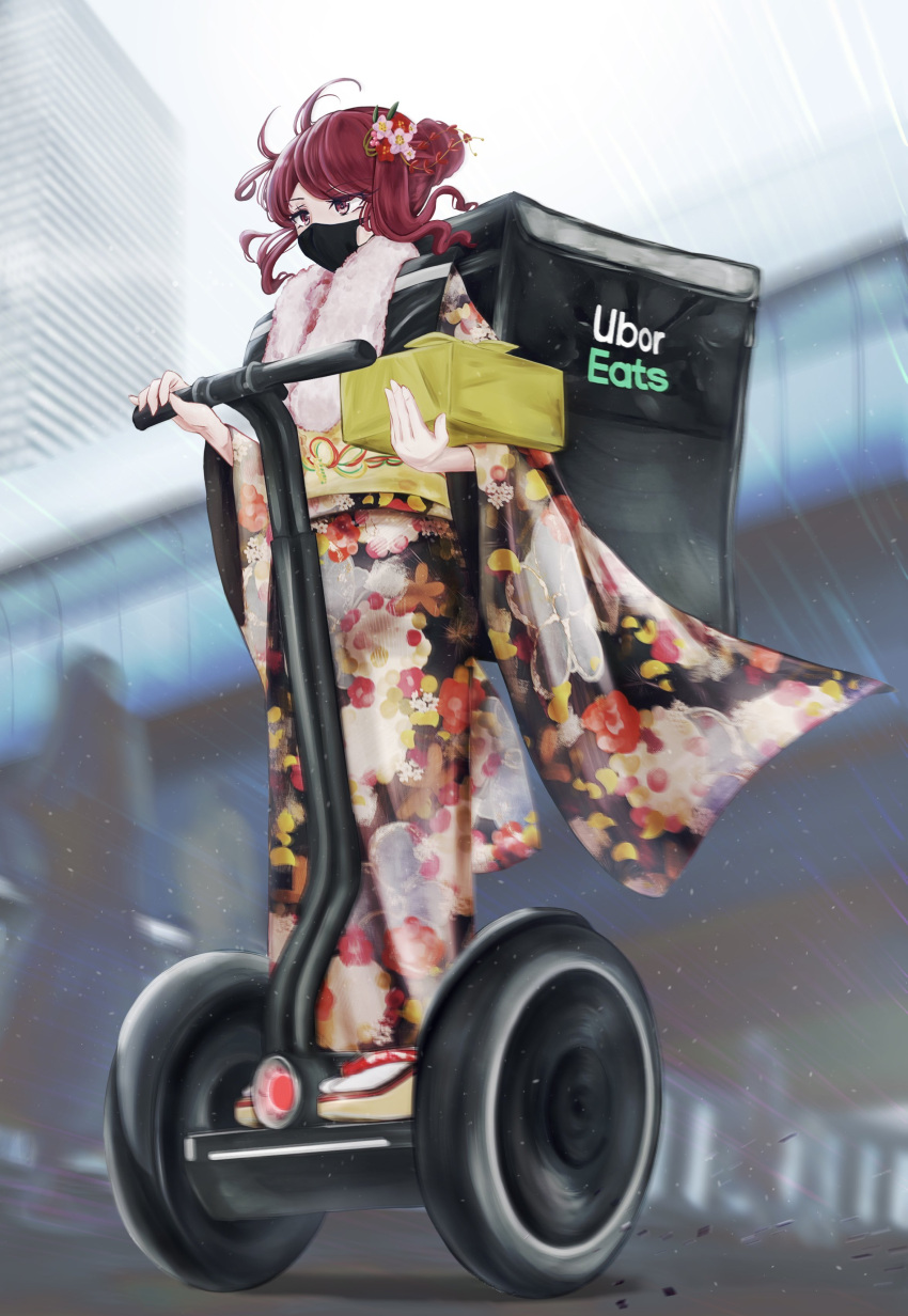 Safebooru - 1girl absurdres black kimono box brand name imitation cityscape eyebrows visible ...