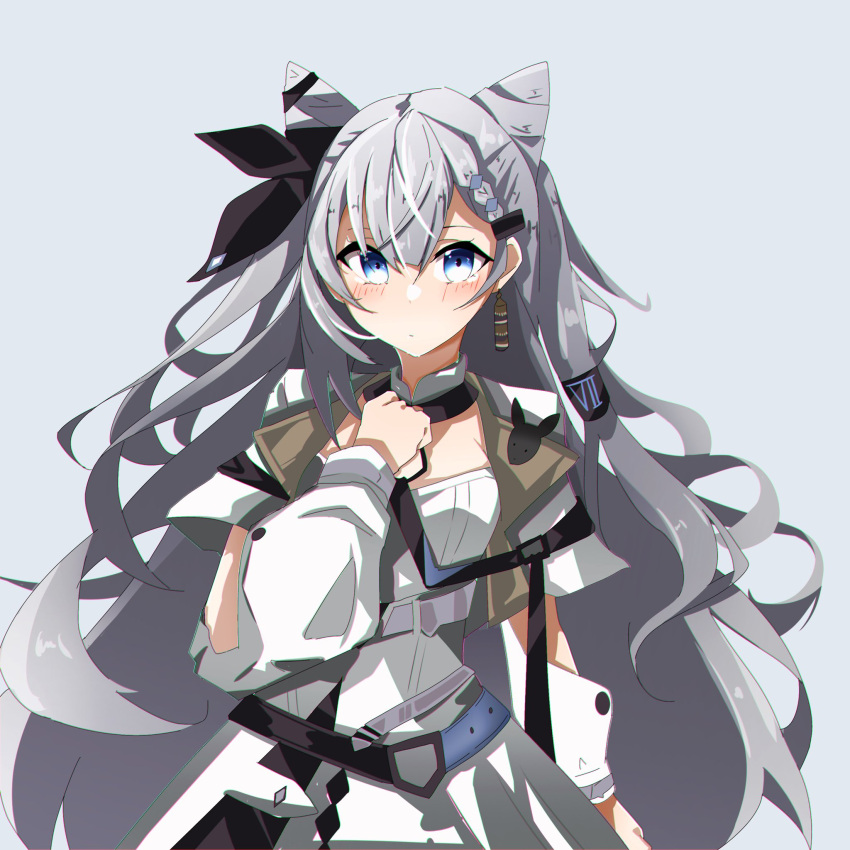 Safebooru - 1girl belt black belt blue eyes blush detached collar dress earrings eyebrows behind ...