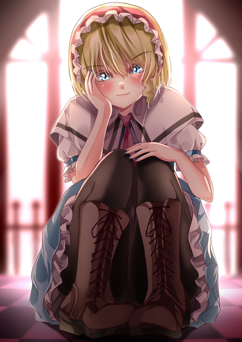 Safebooru - 1girl absurdres alice margatroid black legwear blonde hair blue dress blue eyes blue ...