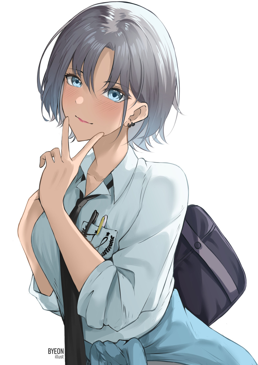 Safebooru - 1girl absurdres asakura tooru bangs blue eyes blue jacket blush byeon clothes around ...