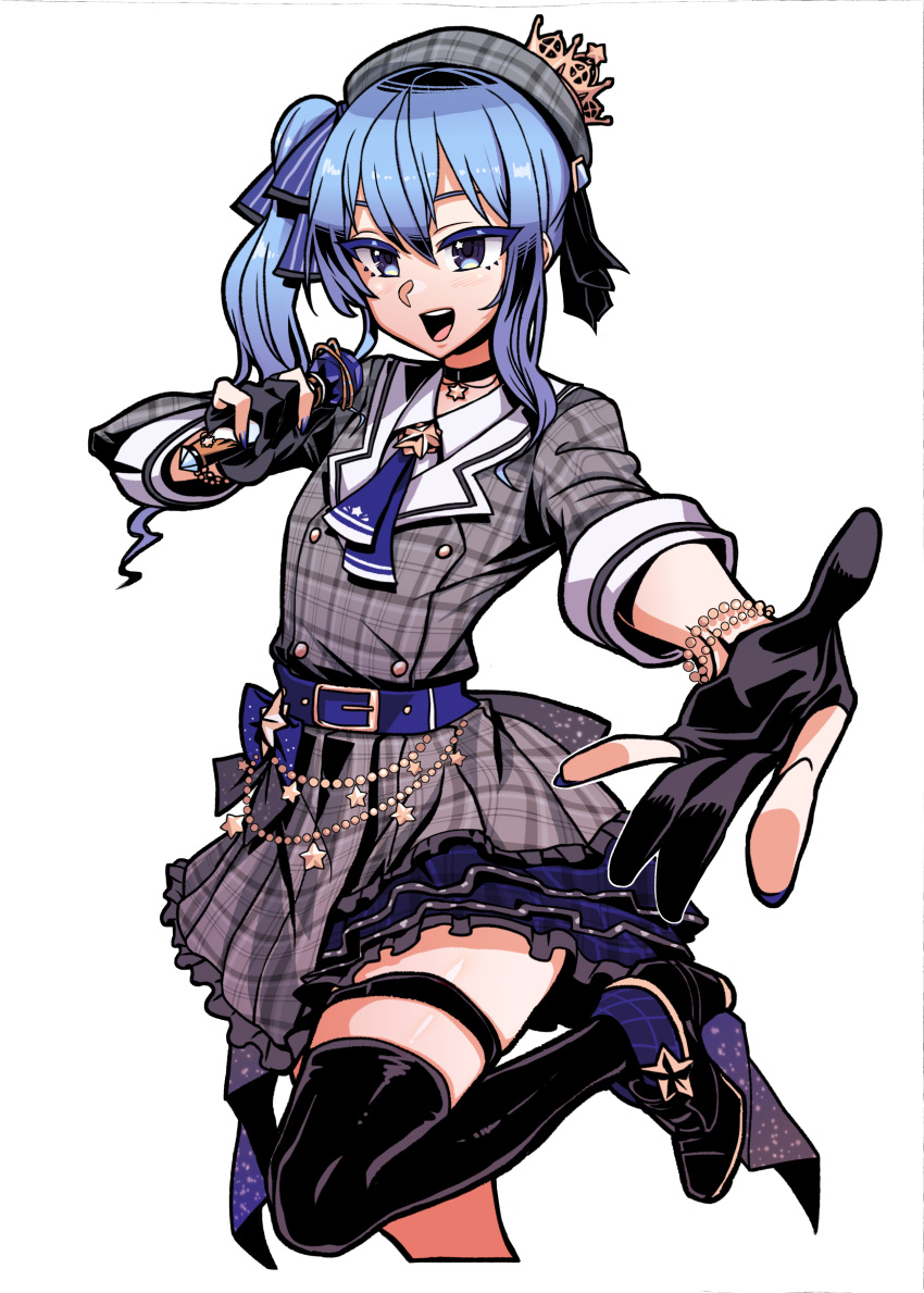 Safebooru - 1girl :d absurdres bangs belt beret black gloves black legwear blue eyes blue hair ...