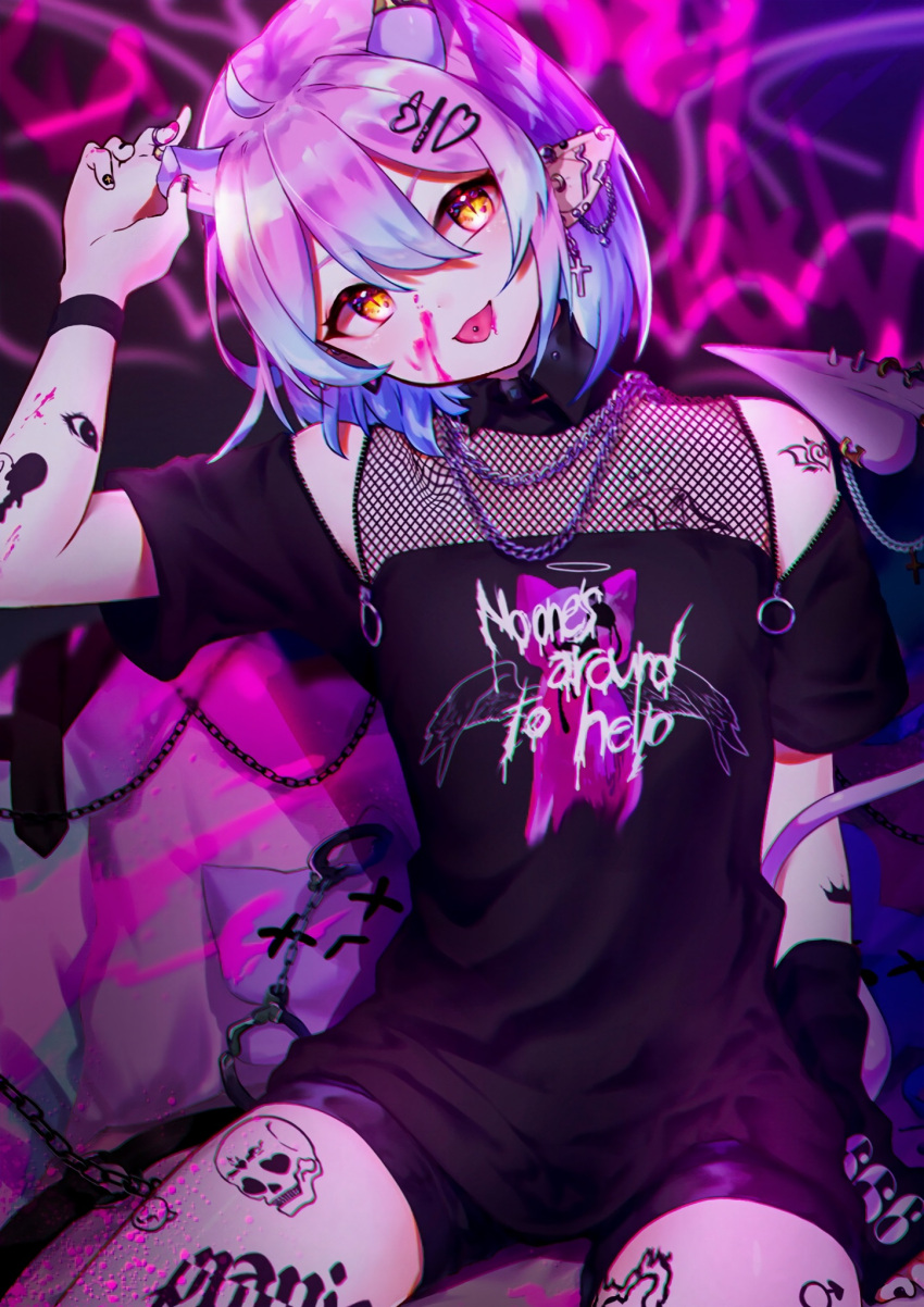 Safebooru - 1boy black shirt blue hair colored tips demon boy demon horns demon tail ear ...