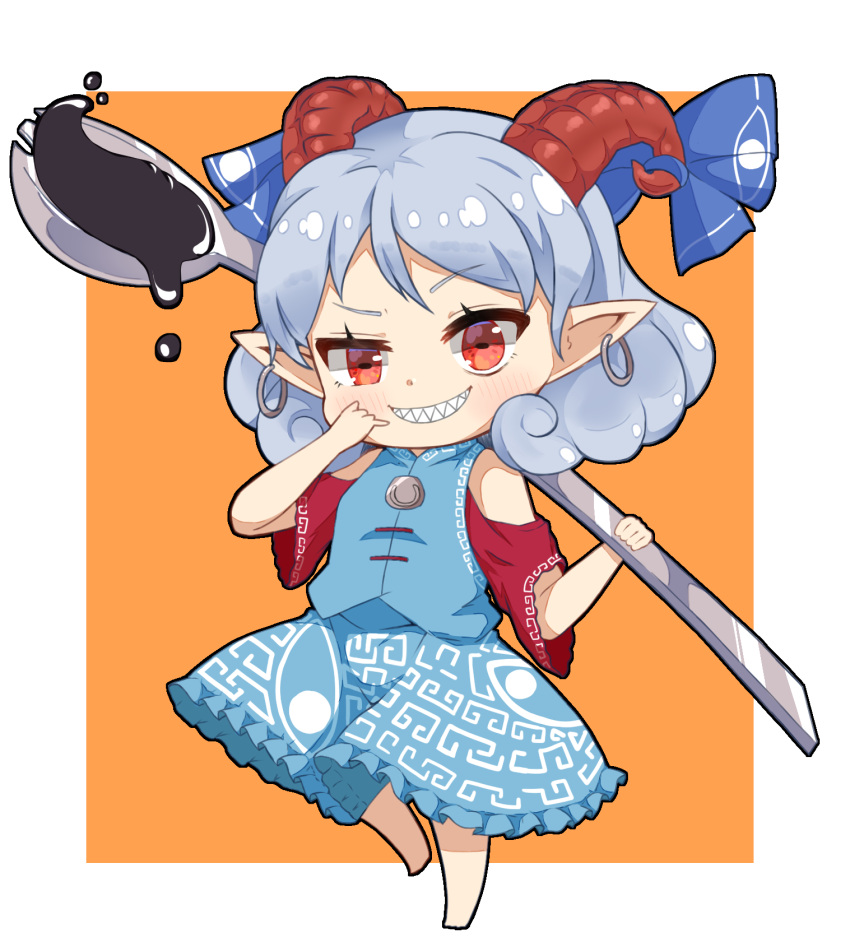 Safebooru - 1girl barefoot blush chibi crys (dai) dress earrings full body grin highres holding ...
