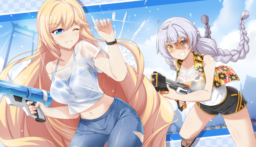 Safebooru - 2girls bianka durandal ataegina blue eyes blue sky blush braid breasts bunji clouds ...