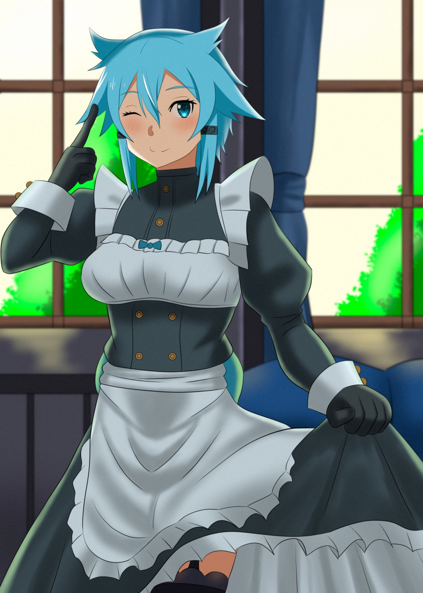 Safebooru - 1girl ;) alternate costume apron black gloves black legwear blue curtain blue eyes ...