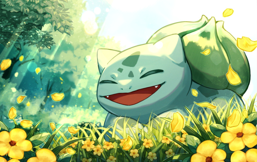 Safebooru - bulbasaur closed eyes commentary request day falling petals ...
