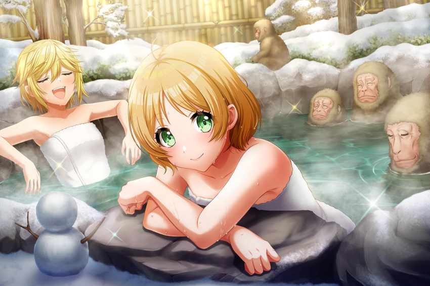Safebooru - blonde hair blush d4dj green eyes onsen short hair smile takeshita miiko towel | 3958570