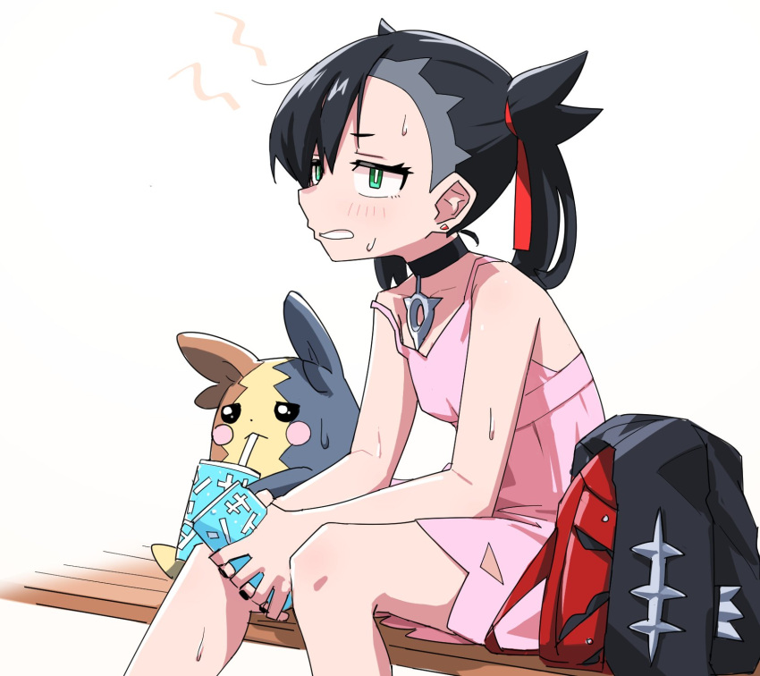 Safebooru - 1girl asymmetrical bangs backpack bag bangs bare arms bare shoulders bench black ...