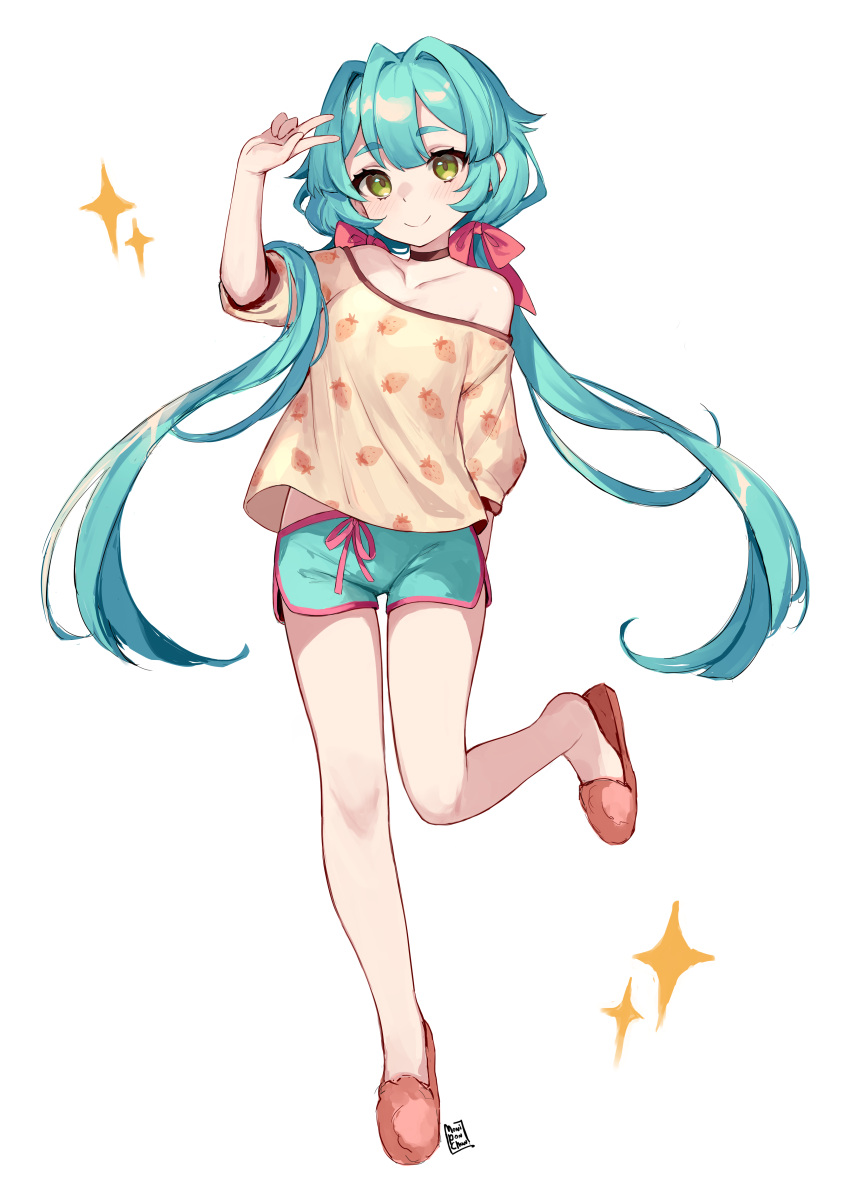 Safebooru - 1girl absurdres aqua hair arm behind back artist name bare shoulders black choker ...