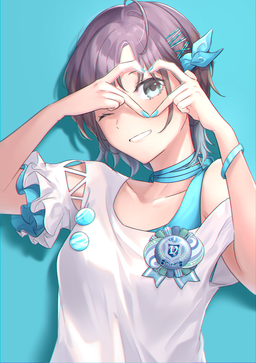 Safebooru - 1girl ;d absurdres ahoge asakura tooru blue background collarbone frilled sleeves ...
