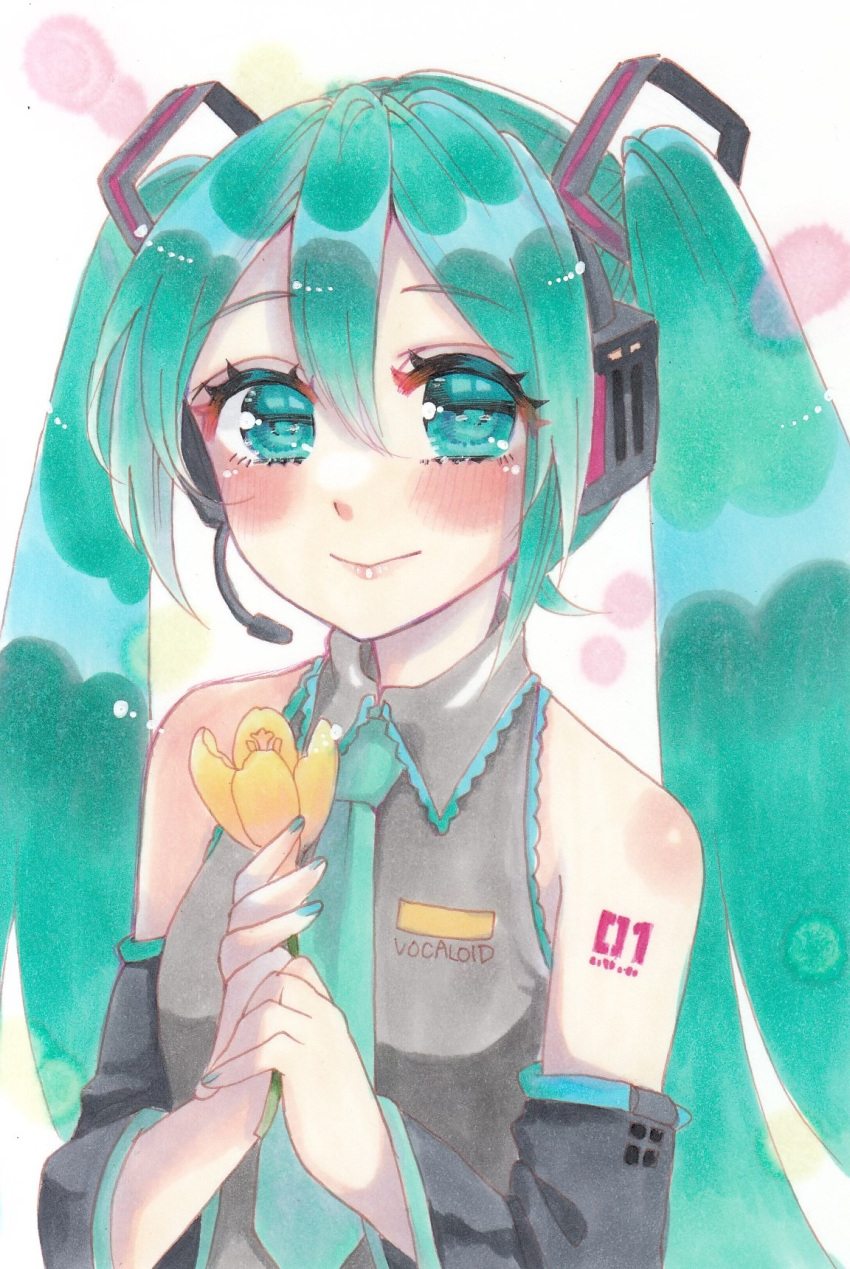 Safebooru - 1girl aqua eyes aqua hair arm tattoo bangs bare shoulders black skirt black sleeves ...