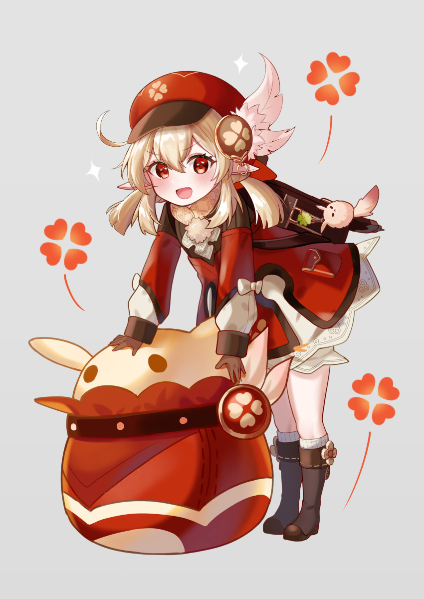 Safebooru - 1girl :d absurdres ahoge backpack bag bag charm bangs bent over bloomers boots brown ...