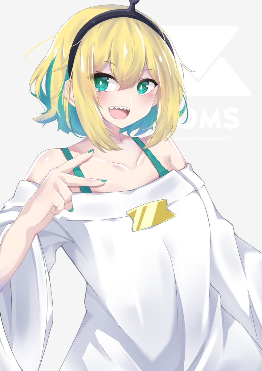 Safebooru - 1girl :d absurdres amano pikamee bangs bare shoulders black hairband blonde hair ...