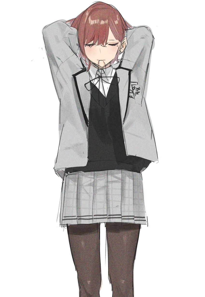 Safebooru - 1girl absurdres adjusting hair arms behind head black legwear blazer closed eyes ...