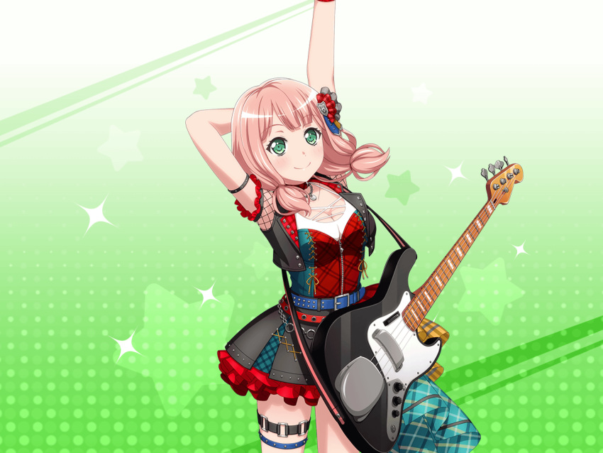 Safebooru - bang dream! blush dress green eyes guitar official art pink hair short hair smile ...