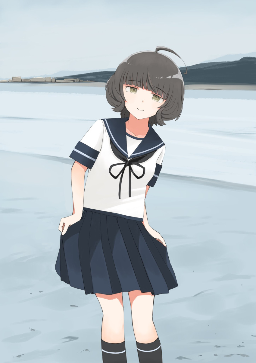 Safebooru - 1girl ahoge bangs black legwear blue sailor collar blue skirt blunt bangs brown eyes ...