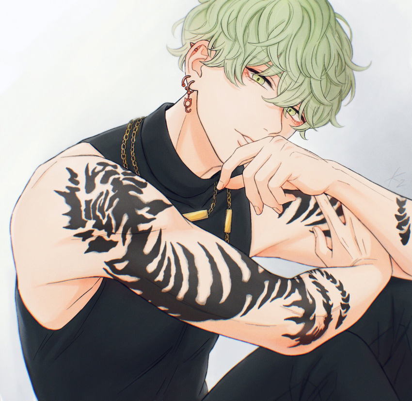 Safebooru - 1boy black shirt black tank top covering mouth ear piercing earrings green eyes ...