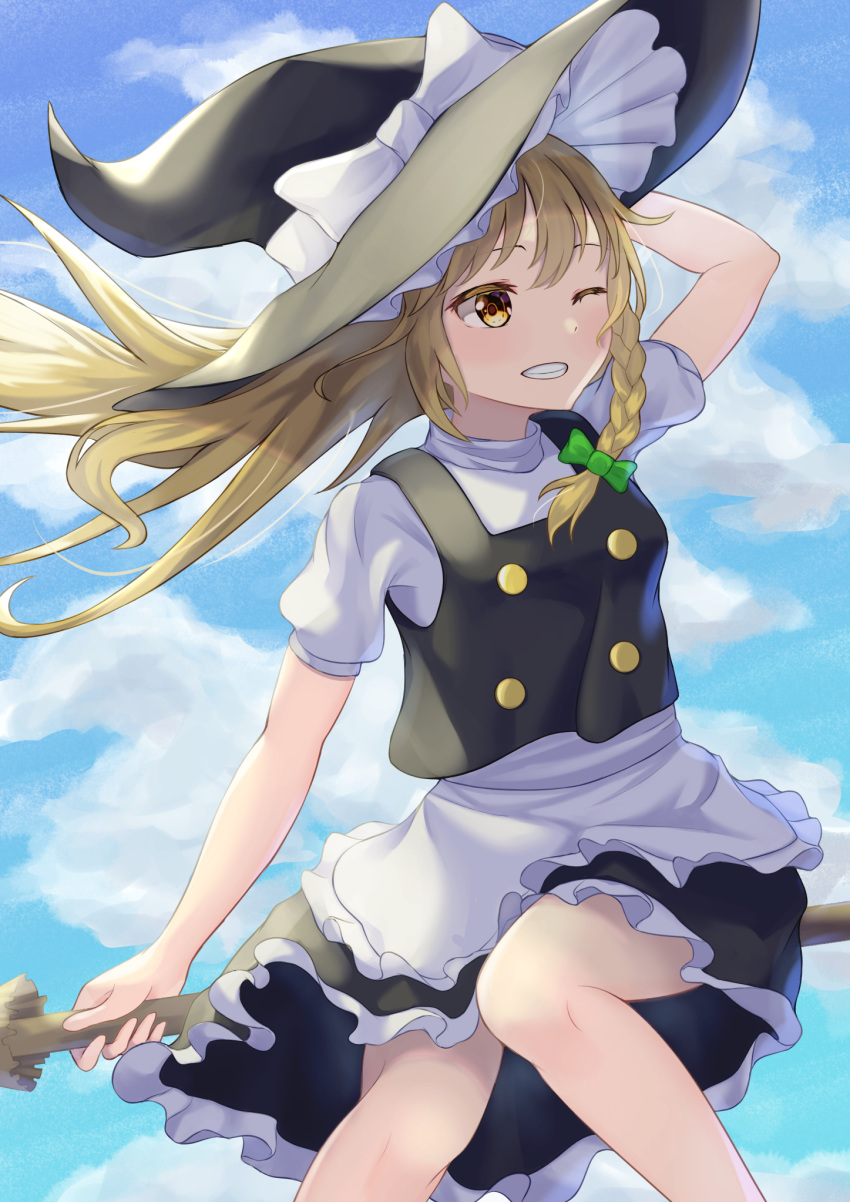 Safebooru - 1girl apron black skirt black vest bow breasts broom broom riding buttons commentary ...