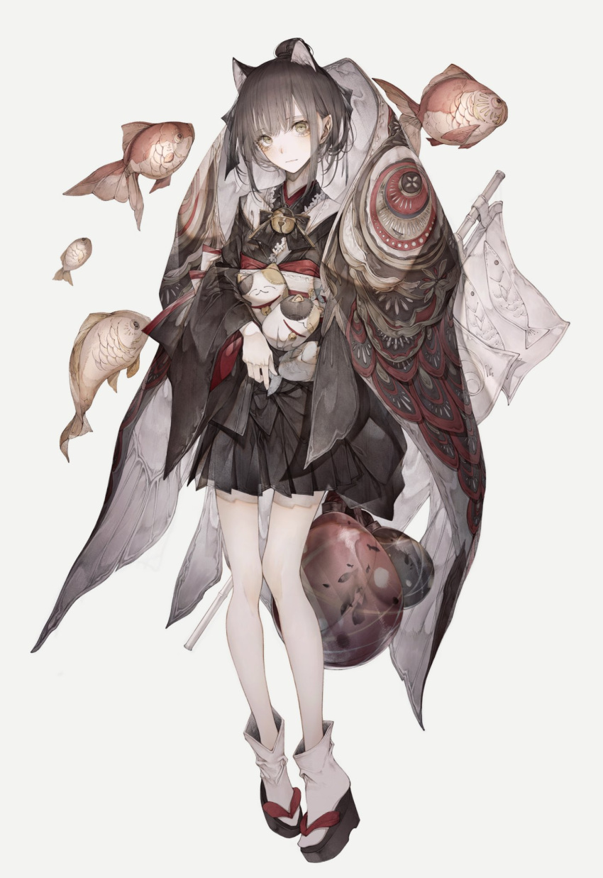 Safebooru - 1girl animal ears bangs black footwear black kimono brown hair cat ears closed mouth ...