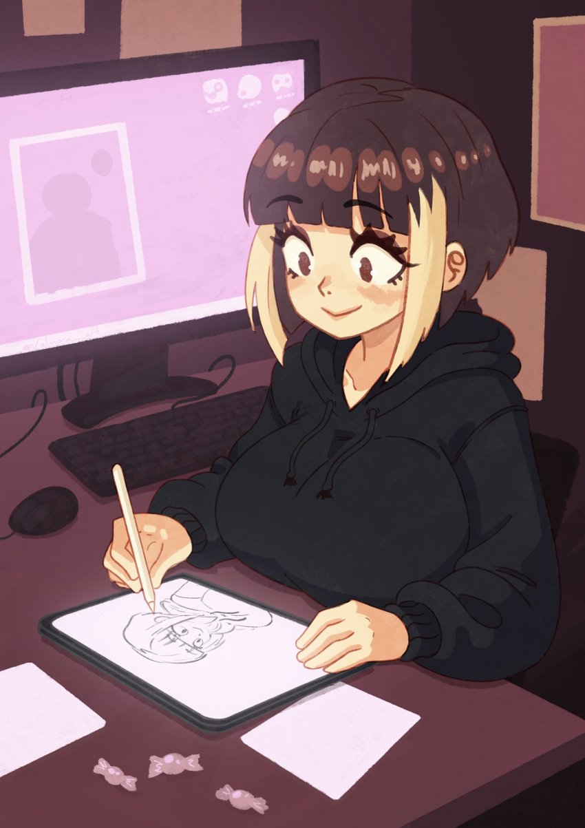 Safebooru - 1girl artist self-insert black sweater blush breasts brown ...