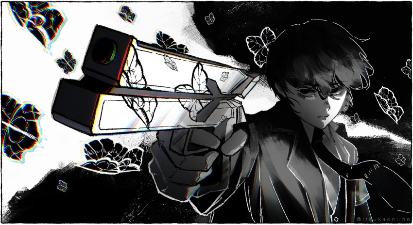 Safebooru - 1boy aiming armband bags under eyes black eyes black hair ...