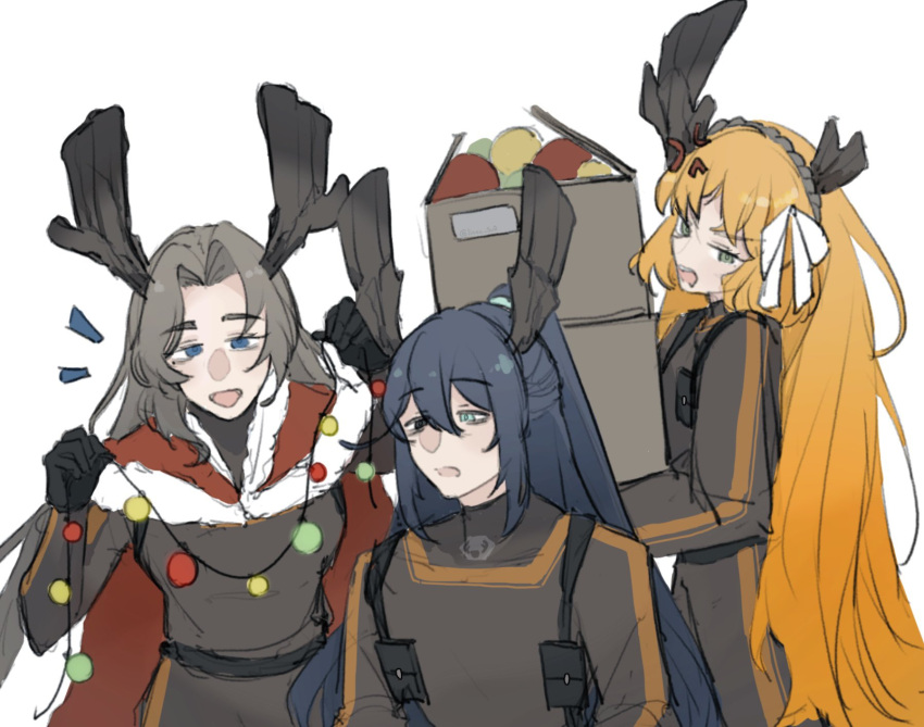 Safebooru - 1boy 2girls antlers black bow black hair bow box brown hair ...