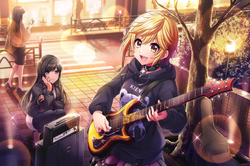 Safebooru - blonde hair d4dj dress guitar short hair smile tsukimiyama nagisa yellow eyes | 3971545