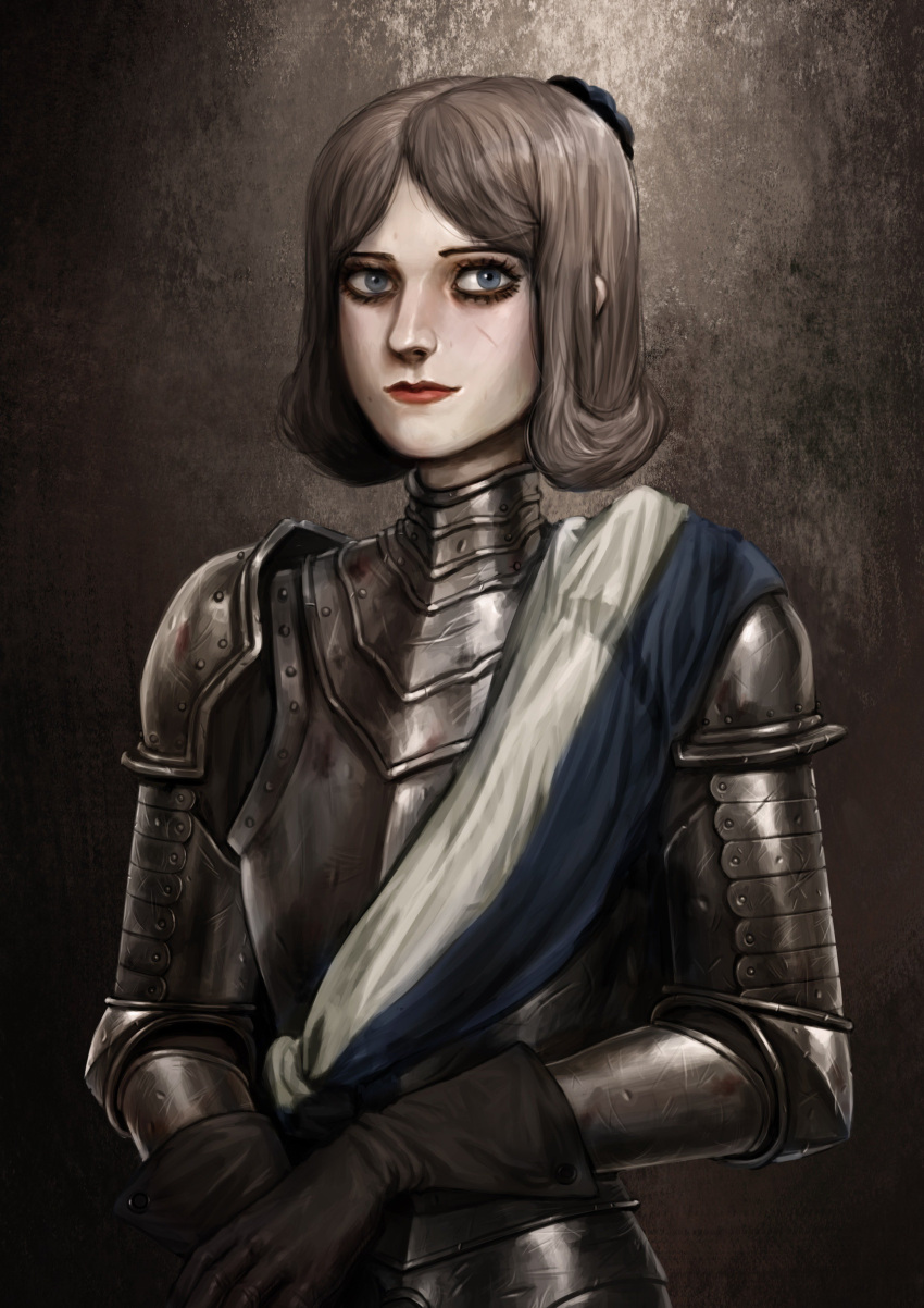 Safebooru - 1girl absurdres armor bangs blue eyes breastplate brown background brown gloves ...