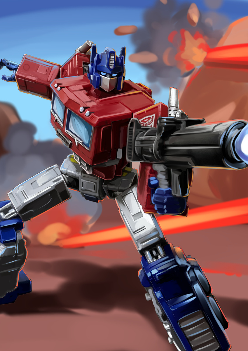 Safebooru - absurdres autobot blue eyes explosion firing gun highres ...