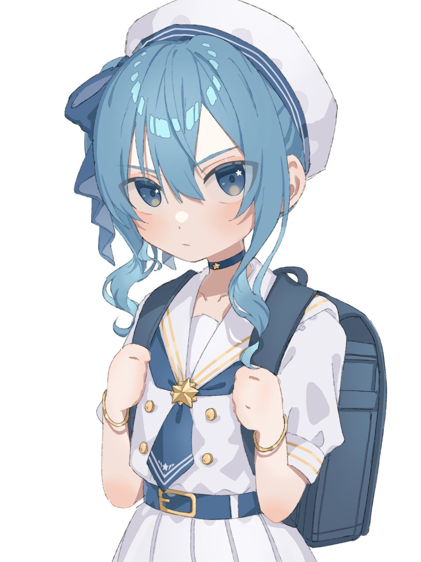 Safebooru - 1girl backpack bag belt beret blue eyes blue hair bracelet ...