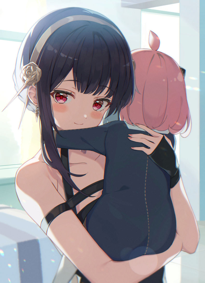 Safebooru - 2girls ahoge anya (spy x family) black dress black hair blush child dress earrings ...
