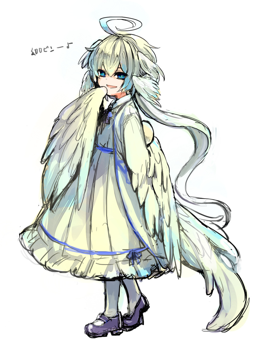 Safebooru - 1girl :d ahoge bird tail blue eyes dress grey hair harpy ...