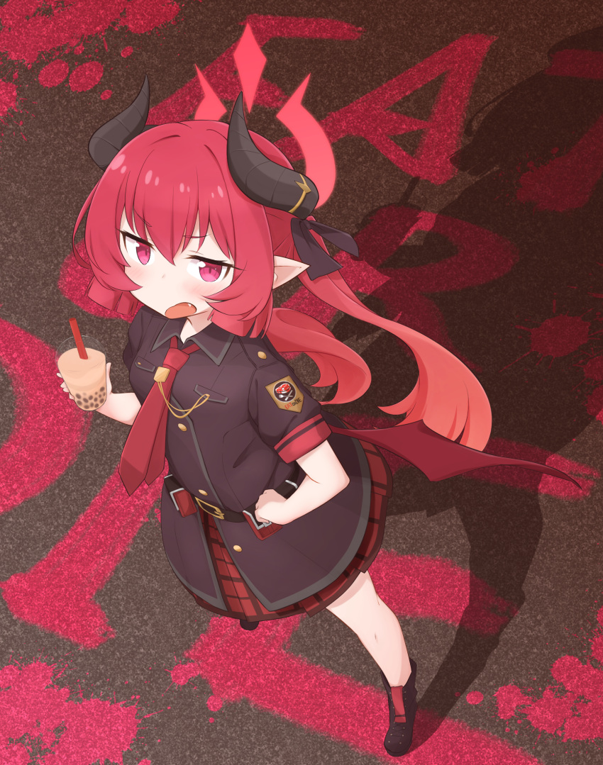 Safebooru - 1girl aiguillette black shirt blue archive boots bubble tea demon wings from above ...