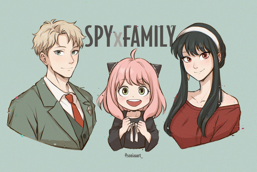 Safebooru - 1boy 2girls :d ahoge anya (spy x family) bangs black dress black hair blonde hair ...